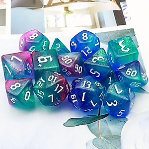 Haxtec 14PCS Glitter DND Dice Set Purple Blue Polyhedral RPG Dice for Dungeons and Dragons Gift