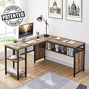 FATORRI L Shaped Computer Desk, Industrial Office Desk with Shelves, Rustic Wood and Metal Corner Desk for Home Office (Rustic Oak, 59 Inch)