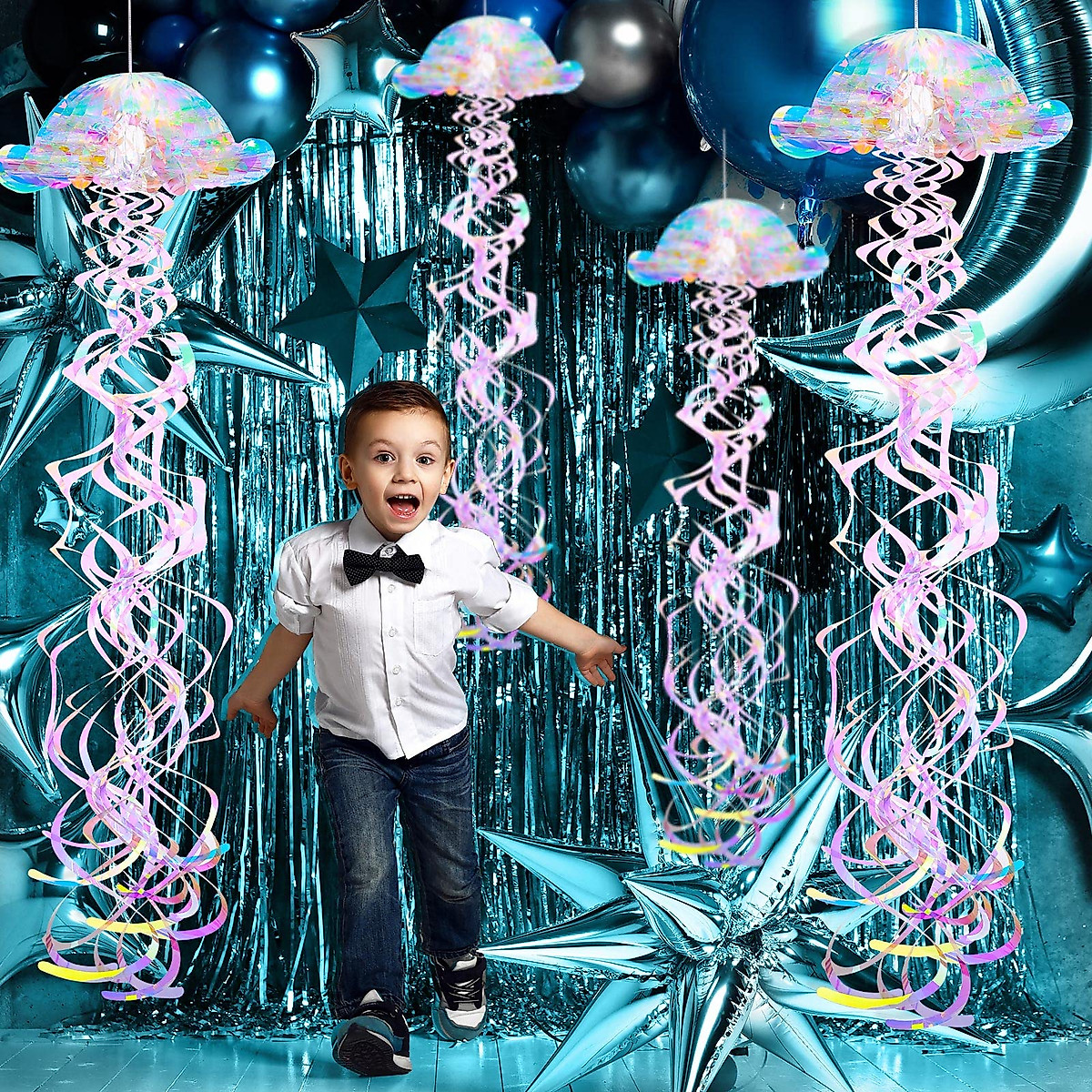 6 Pcs Under Sea Mermaid Party Decoration, Include Glitter Iridescent Jellyfish Decor, Light Blue Metallic Tinsel Foil Fringe Curtains Backdrop for Ocean Theme Birthday Party