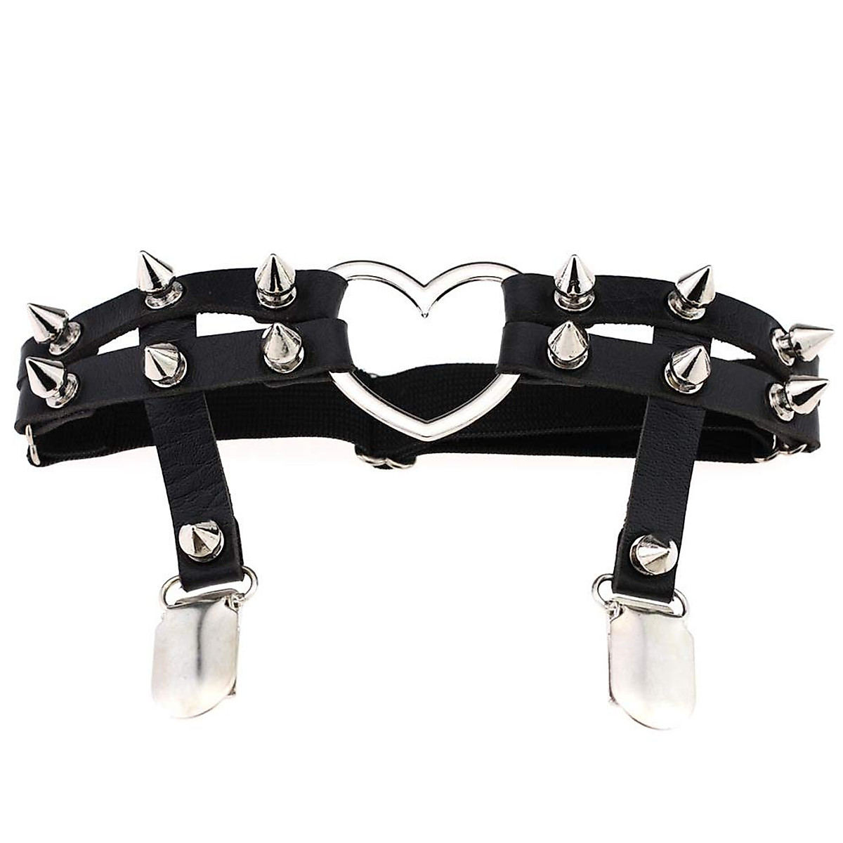 Jurxy 2PCS Gothic Studded Heart Garters Leg Ring Leg Elastic Punk Harness Garter Belt Adjustable Suspender with 2 Metal Clips – Black