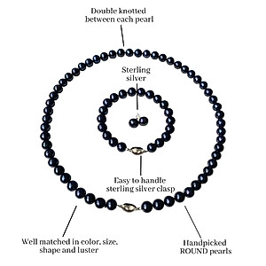 Pearl Romance ROUND Black Strand Pearl Necklace Bracelet Stud Earrings 3pc set 16 Inch Choker Length Genuine Cultured Freshwater Large 9mm 10mm