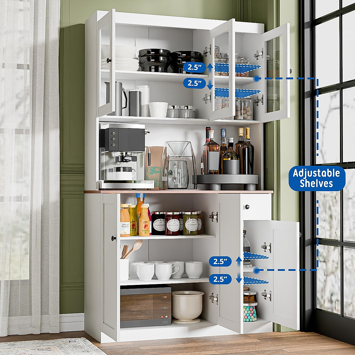 Cozy Castle Tall Kitchen Pantry Cabinet with Microwave Shelf, Modern Large Freestanding Sideboard Cupboard Kitchen Hutch Cabinet with Storage Countertop and Drawer for Dining Room, Living Room, White