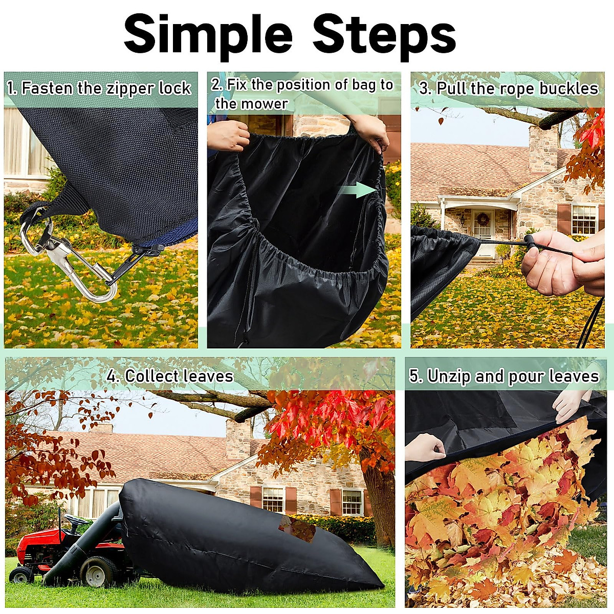 Patelai Lawn Tractor Leaf Bag Grass Catcher Bag for Riding Lawn Mower, 78.7 x 52 Inch Reusable Large Capacity Leaf Bag with Zipper and Vent for Leaf Collection, Heavy Duty Material Collection Systems