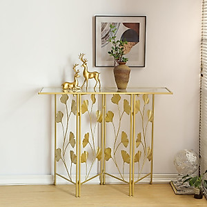 40 Inch Gold Console Table, Sofa Table, Modern Entryway Table, Tempered Glass Shelf with Ginkgo Leaves Decorative for Entryway Living Room Bedroom