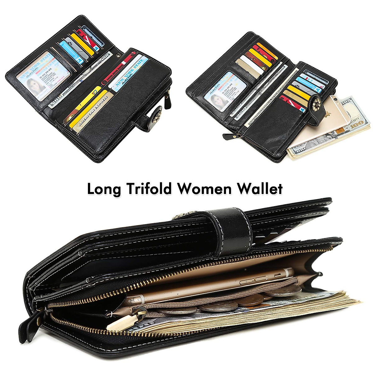 Pearl Angeli Wristlet Wallets for Women Waxy Leather Credit Card Wallet with Rfid Blocking
