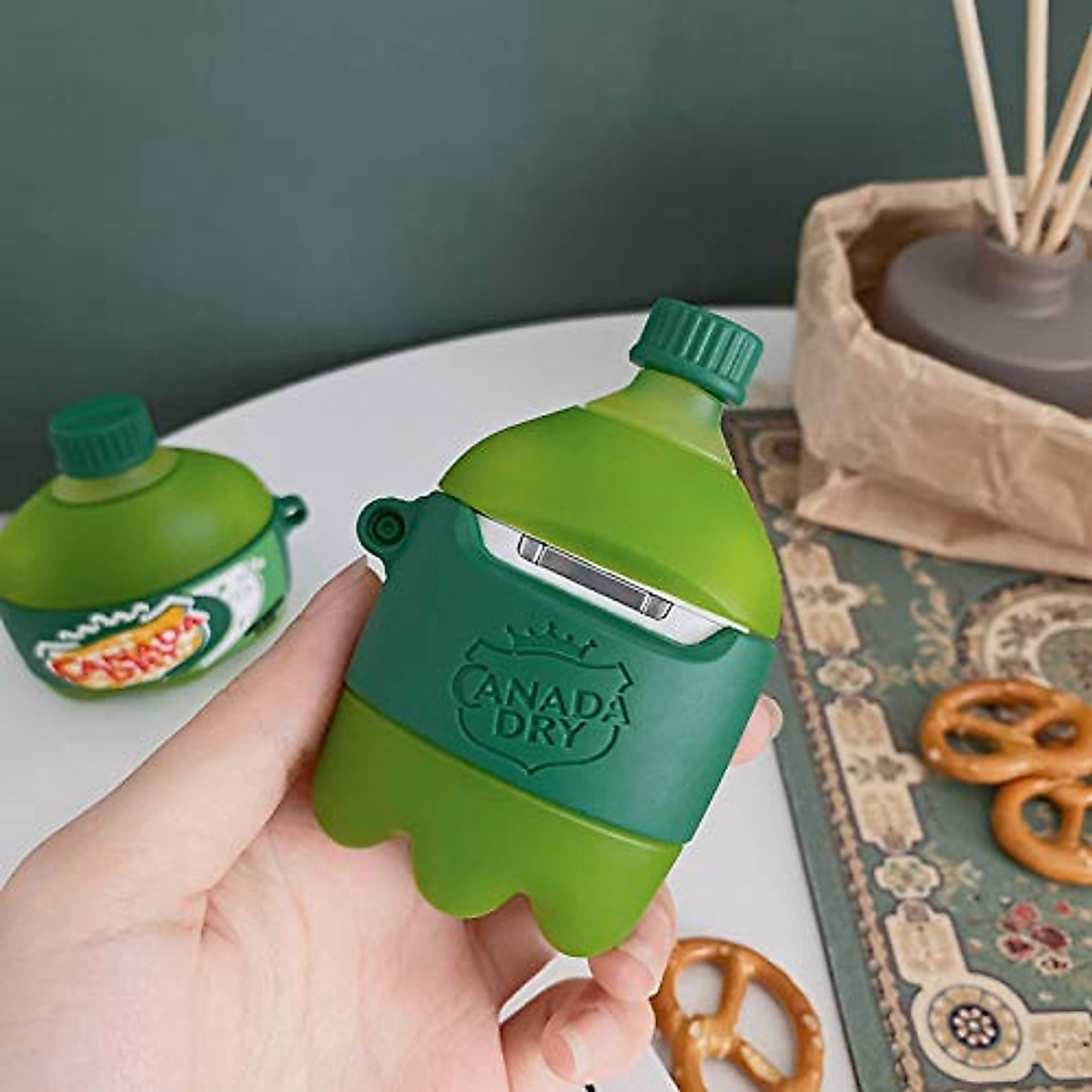 Ultra Thick Soft Silicone Case for Apple AirPods Pro 2019 Generation with Keychain Hook Ginger Ale Green Bottle 3D Cartoon Food Shaped Cute Lovely Fun Funny Unique Creative Cool Kids Girls