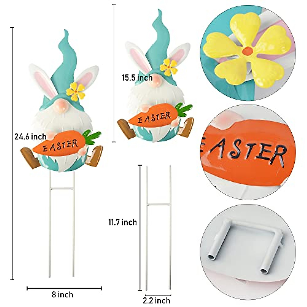 FUNPENY Set of 2 Metal Easter Gnomes Yard Signs Outdoor, 24.6 Inch Bunny Rabbits Stakes Easter Decorations for Garden, Lawn, Party, Easter Props Decor