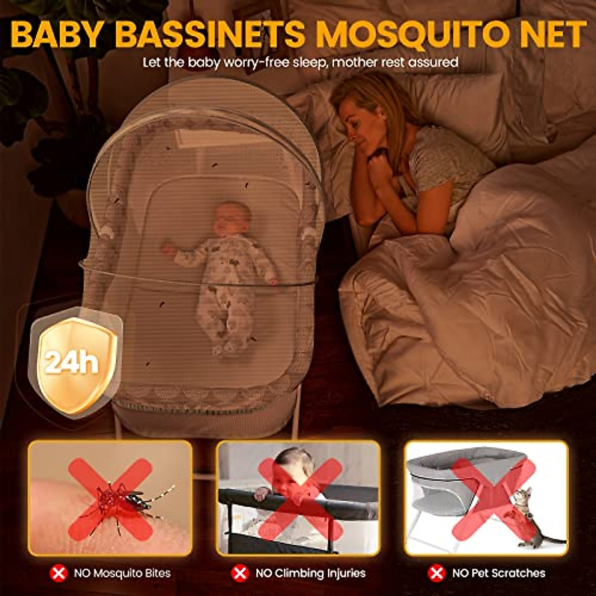 Orzbow Mosquito Net for Baby Bassinet to Keep Cats Out, Toddler Bassinet Bedside Sleeper Tent Safety Net with Two-Way Zippers & Storage Bag - Infant from Mosquito Bites and Falling Protection (White)