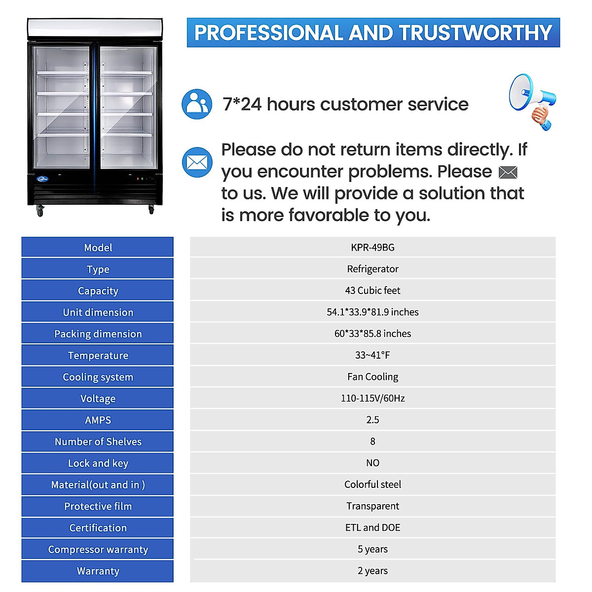 kalifon Commercial Glass 2 Door Display Refrigerator 49 Cu.Ft Beverage Cooler Merchandiser Upright with LED Light for Home Restaurant Grocery Stores