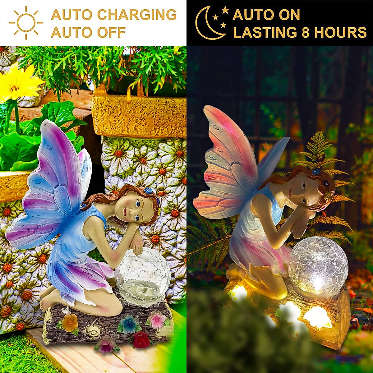 PERFECTOP Solar Angel Garden Statue Outdoor Decor, Resin Fairy Angel Elf Girl Figurine with Solar Lights, Garden Art for Patio Lawn Yard Porch Wedding Home Decoration, Valentine's Day Women Gifts