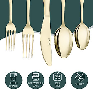 VIVANI Islay Champagne Gold Silverware Set for 8, 40 Piece Flatware Set, Stainless Steel Utensils Set, Kitchen Cutlery Set, Mirror Finish, Dishwasher Safe