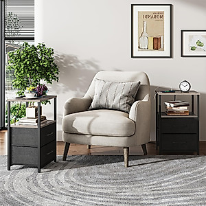 TUTOTAK End Table with Charging Station, Side Table with 2 USB Ports and Outlets, Nightstand with Cloth Drawer, Set of 2, Couch Table, Greige TB01BG052