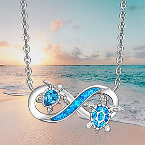 Turtle Necklace for Women Sterling Silver Tortoise 2 Infinity Blue Opal Sea Turtle Pendant Mother and Daughter Necklaces Ocean Inspirational I Llike Turtles Jewelry Birthday Gifts