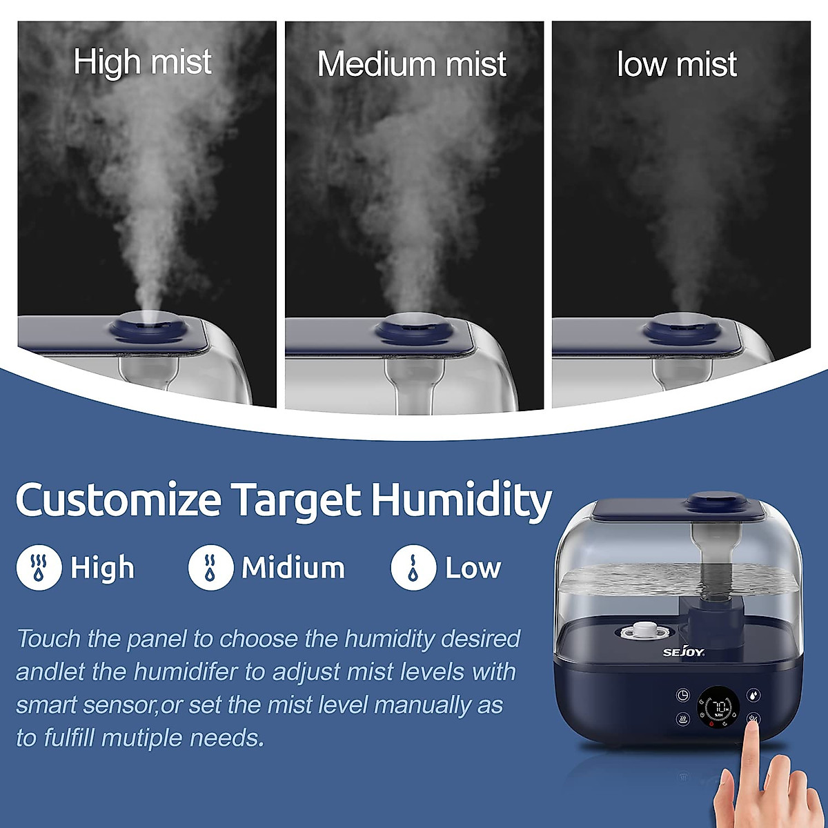 Sejoy Humidifiers for Bedroom Large Room 5L Quiet Ultrasonic Warm & Cool Mist Humidifier, Auto-Shut Off, Humidifiers for Babies Nursery Bedroom Whole House Office Plants, Navy Blue