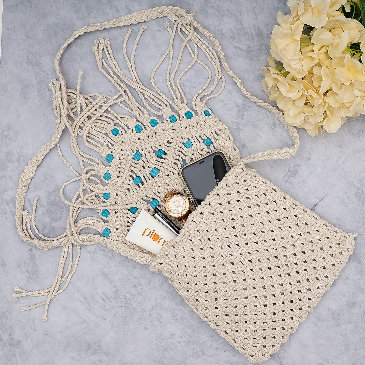 Macrame Bag for Women & Girls, Crossbody Crochet Purse for Women with Beads, White Fishnet Bohemian Style Braided Macrame Handbag for Fashion & Everyday Use, Beige