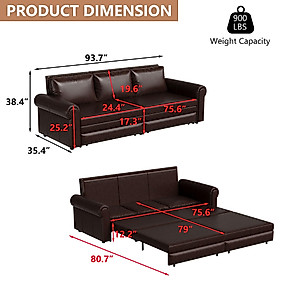 Tmsan 93.7" King Pull Out Sofa Bed, 3 in 1 Convertible Sleeper Sofa, 3 Seat Couch with Nailhead Trim & Rolled Arm for Living Room, Apartment, Office, Dark Brown PU Leather