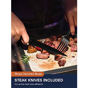 Stapava 48 Pcs Black Hammered Silverware Set with Steak Knives, Stainless Steel Flatware Set for 8, Mirror Cutlery Include Forks Spoons and Knives Set for Home Hotel, Dishwasher Safe Utensils