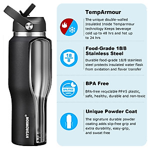 HYDROWION 32oz Stainless Steel Water Bottle(Cold for 48 Hrs, Hot for 24 Hrs),Double Wall Vacuum Insulated Water Bottle with Straw Lid, Spout Lid and Flex Cap, Fit in Any Car Cup Holder,Black