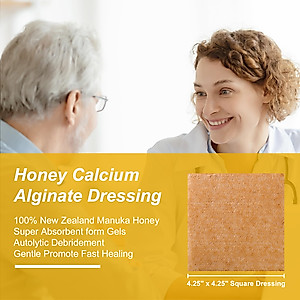 MarvellHealth Honey Calcium Alginate Dressing 4.25” x 4.25”, Pack of 10 Individual Sterile Pads, Medical Active Leptospermum Honey, Highly Absorbent, Fast Healing for Diabetic Ulcers & Abrasions