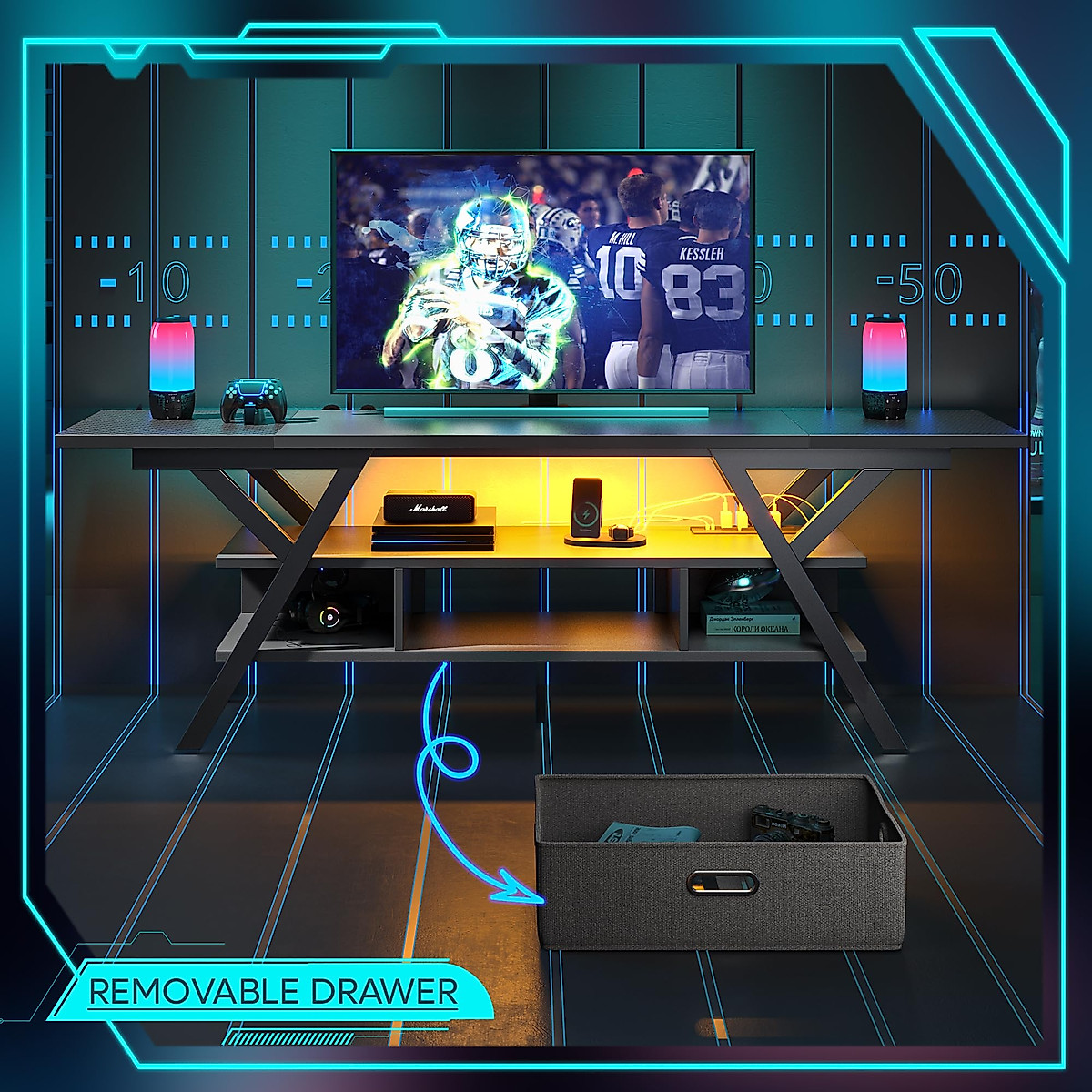 Bestier LED TV Stand with Power Outlets for 70/75/80 inch TV, Gaming Entertainment Center with Storage for PS5, 70 Inch Modern TV Cabinet with Drawers for Living Room, Bedroom, Carbon Fiber Black