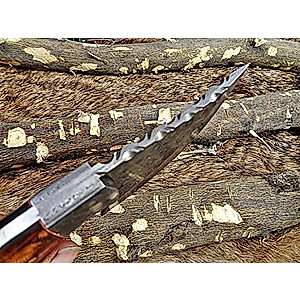 6.7"5 long compact Hand Forged Damascus Steel wide blade skinning Knife with 3.5" cutting, Natural Walnut scale with Damascus Bolster, Cow Hide leather sheath (wood)