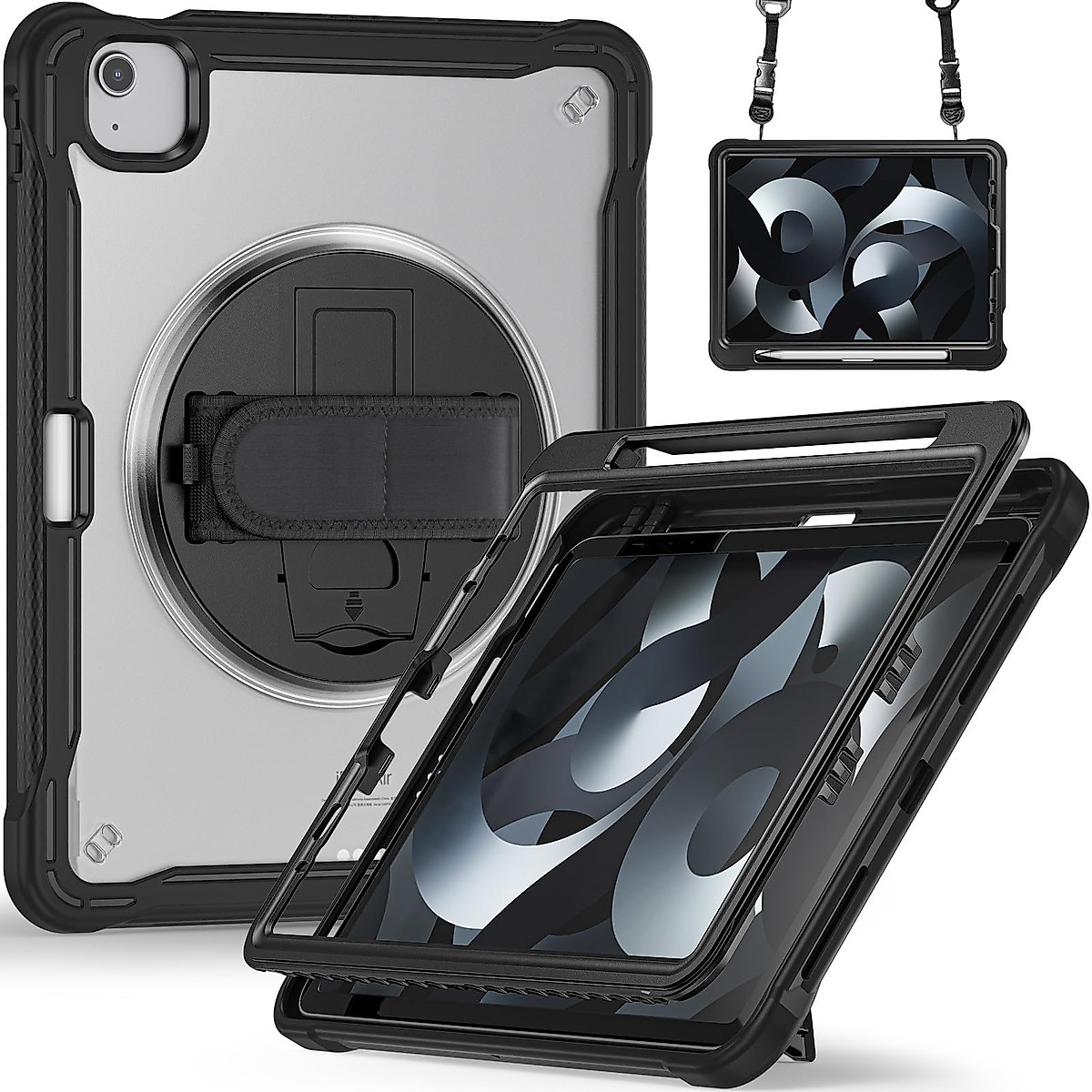 KYJX Tablet Case for iPad Pro 11 inch 2022/2021/2020/iPad Air 5th/4th, 360 Rotating Hand Strap Stand Heavy Duty Protective Cover with Shoulder Strap (Black)