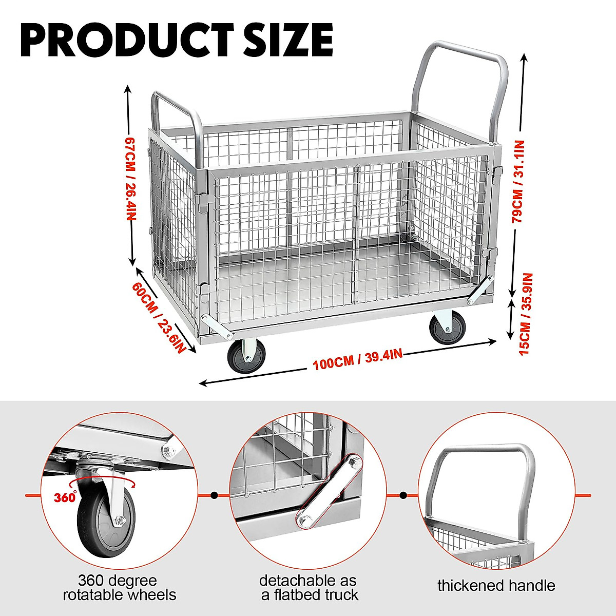 Datanly Platform Truck Cart with Cage, Large Foldable Flat Cart Heavy Duty Push Cart Dolly Load 1600lbs Hand Truck Dolly Cart with Swivel Casters Flatbed Cart for Grocery Moving Laundry (39" x 24")