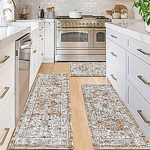 Pauwer Boho Kitchen Rugs Sets of 3 Non Slip Rubber Kitchen Mats for Floor Waterproof Kitchen Rugs and Mats Washable Farmhouse Kitchen Area Rug Floor Carpet Runner Rugs for Hallway Laundry Room