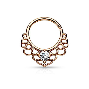 Rose Gold IP CZ Tribal Lotus Filigree Bendable Cartilage Septum Rings - Rose Gold