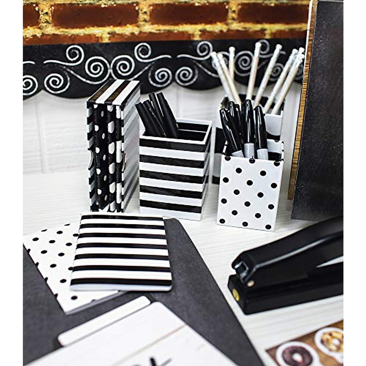 Schoolgirl Style Simply Stylish 3-Piece Polka Dot Pencil Cup Holder Set, Assorted Black and White Pencil Cup Holders, Classroom Supplies Organizer for Desk Organization, Black & White Classroom Décor