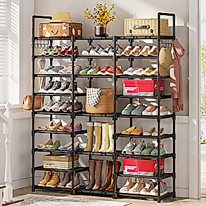Tribesigns 9 Tier Shoe Rack Shoe Shelf Large Shoe Rack Storage Organizer for Entryway with Side Hooks, 50-55 Pairs Metal Shoe Racks Shoe and Boots Shelf for Closet