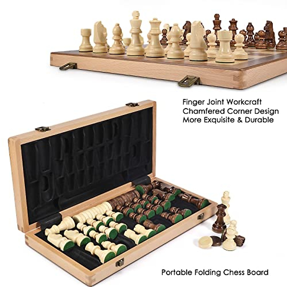 AMEROUS 15 Inches Wooden Chess & Checkers Set with Upgraded Weighted Chess Pieces - 2 Extra Queen -24 Cherkers Pieces -Instruction -Chessmen Storage Slots, Classic 2 in 1 Board Games