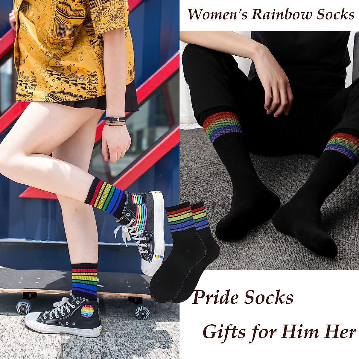 Ronglry 6Pairs Rainbow Striped Socks for Women Men Pride Crew Socks Colorful Novelty Cotton Socks Rainbow Pride Socks High Rainbow Funny Socks for Pride Sport Athletic Socks Rainbow Tube Socks Gifts-A