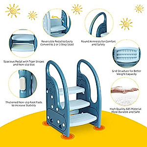 Kid Step Stool Plastic Toddler Step Stool for Kids Three Step Standing Tower for Kitchen/Bathroom/Toilet Potty Training, Learning Helper with Handles and Safety Non-Slip Pads (Deep Blue Light Blue)