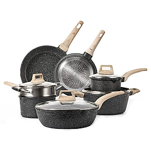 Carote Granite Nonstick Cookware Sets, 10 Pcs Pots and Pans Set Nonstick, Healthy Non Stick Induction Stone Cookware Kitchen Cooking Set w/Frying Pans & Saucepan, PFOS, PFOA Free (Brown Granite)
