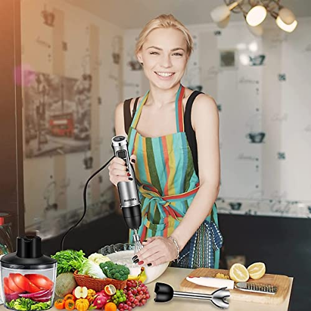 Stainless Steel Hand Blender, 800 Watt Immersion Blender Set, 6 Speeds, 500ml Measuring Cup and 600ml Jug, Whisk
