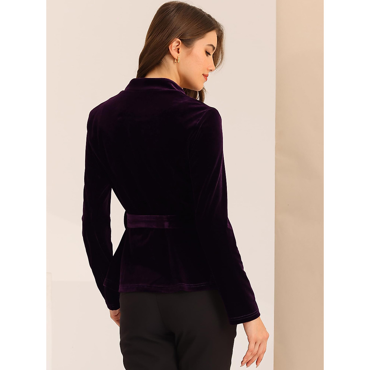 Allegra K Women's Work Office Velvet Belted Lapel Collar Blazer Jacket Medium Purple