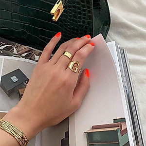 FOCALOOK Gold Initial Letter Open Ring Adjustable Women Statement Rings Party|Women Signet Ring|18K Gold Plated Bold Open Alphabet Rings|Letter A to Z (E)