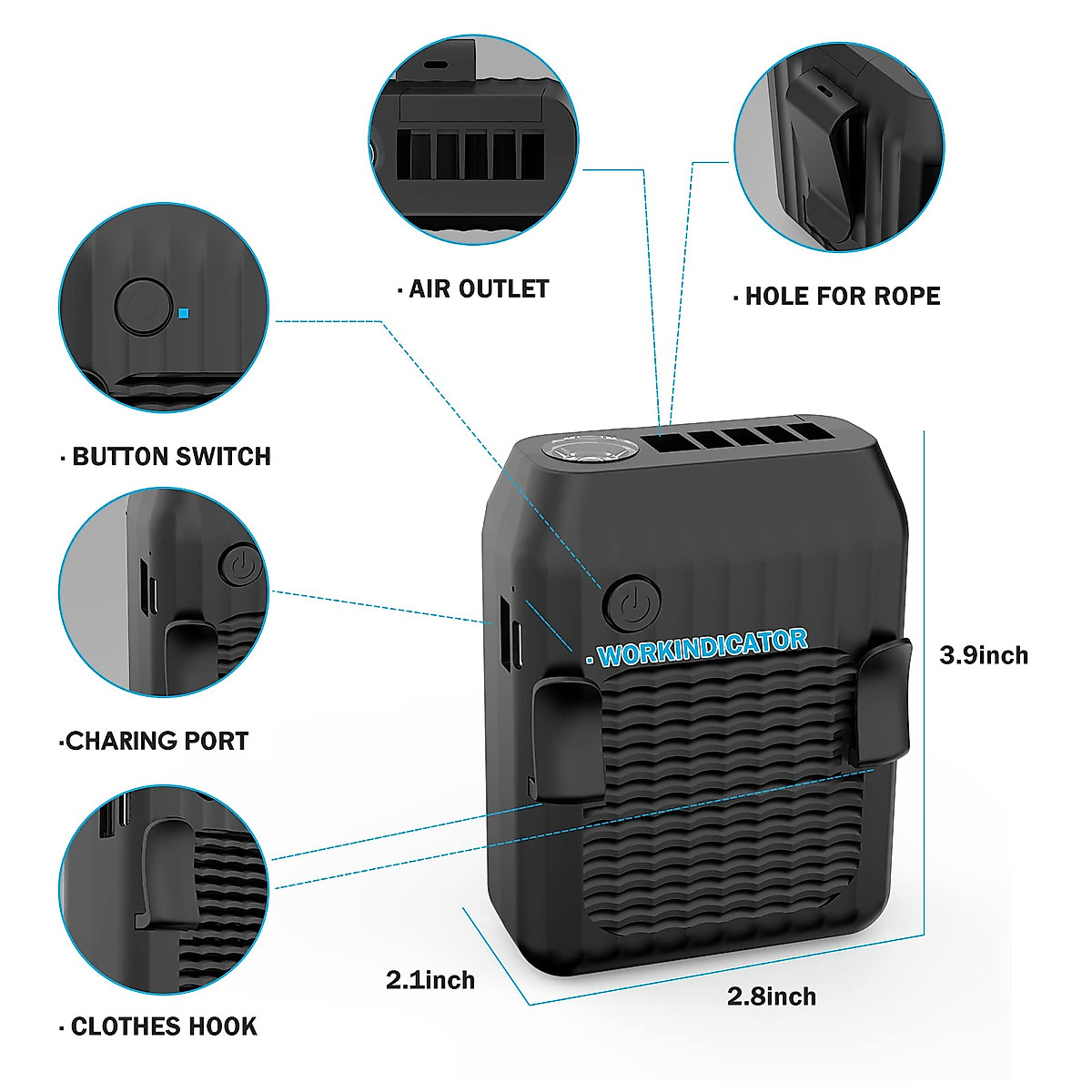 DTZY Portable Waist Clip Fan, Personal Neck Fan with Strong Light Flashlight, 6000mAh Rechargeable Personal Fan, Hands-free USB Belt Fan for Outdoor Works, Sports, Camping, Hiking