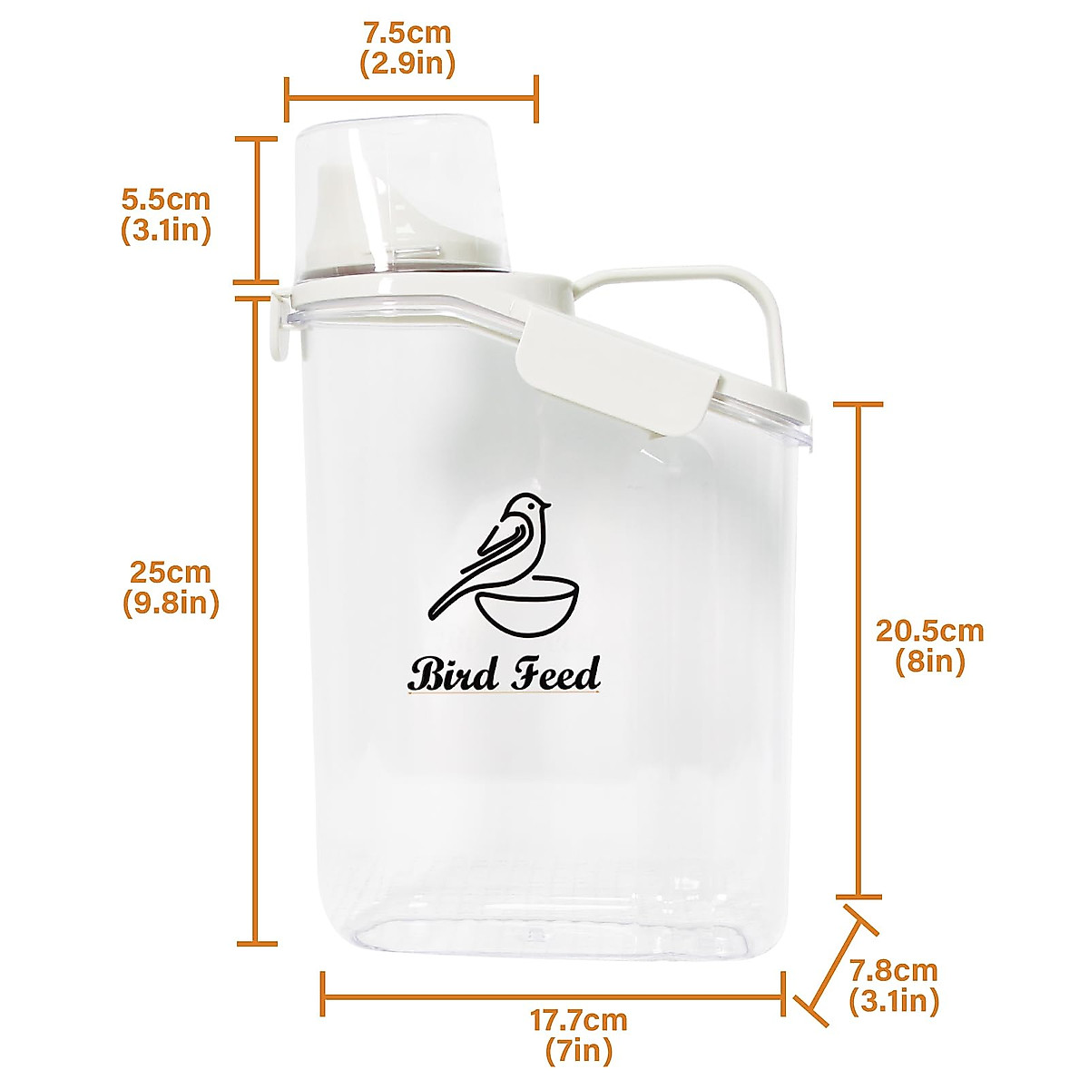 Ctomche Bird Seed Storage Container,2.8L Airtight Bird Food Container with Handle and Measuring Cup,Portable Pet Food Container for Wild Bird Sunflower Seed-BPA Free Transparent/White
