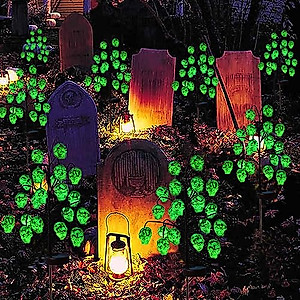 Upgraded 2 Pack Solar Halloween Decorations Lights, Halloween Outdoor Solar Stake Sign Lights with Scary Skull Shape Green LED Lights for Halloween Outdoor Pathway Cemetery Garden Yard Porch Decor