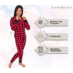 Silver Lilly Women's Buffalo Plaid Flapjack Pajamas - Winter One Piece PJs - Soft, Comfy Holiday Jumpsuit (Red/Black, Small)