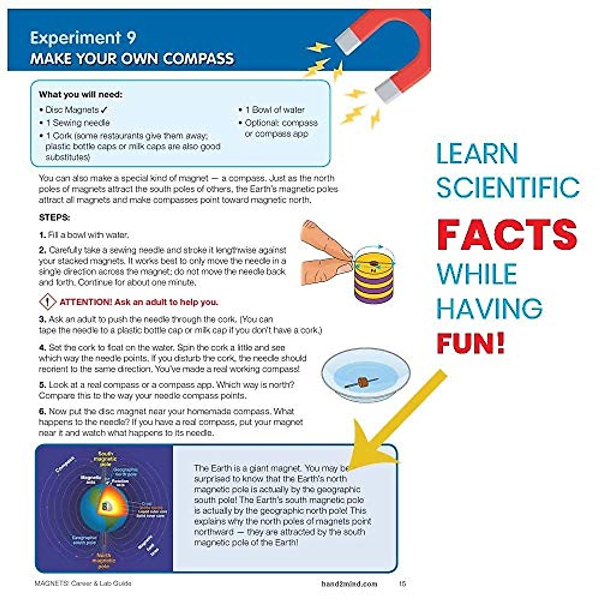 hand2mind-90740 Magnetic Science Kit for Kids 8-12, Kids Science Kit with Fact-Filled Guide, Make Magnets Float and Build a Compass, STEM Toys, 9 Science Experiments