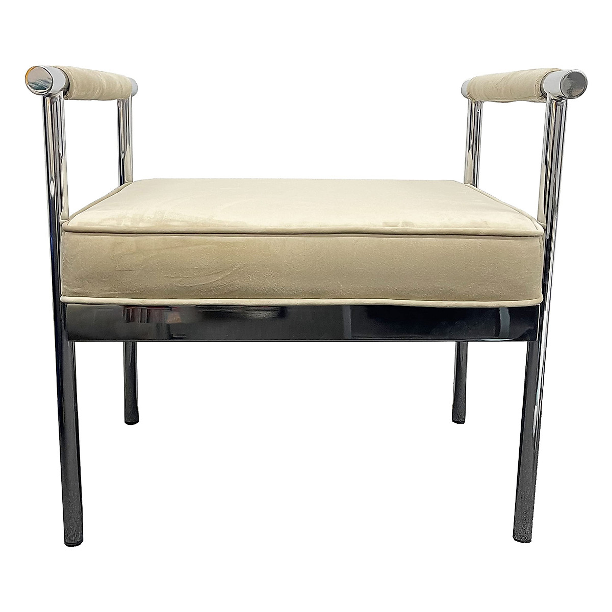 First of a Kind Modern champagne Seating Bench with arms, Modern Style Velvet upholstered Entry Way champagne Bench with Silver Frame, Seating Bench for Living Room, entryway, Bedroom, Vanity, Office.