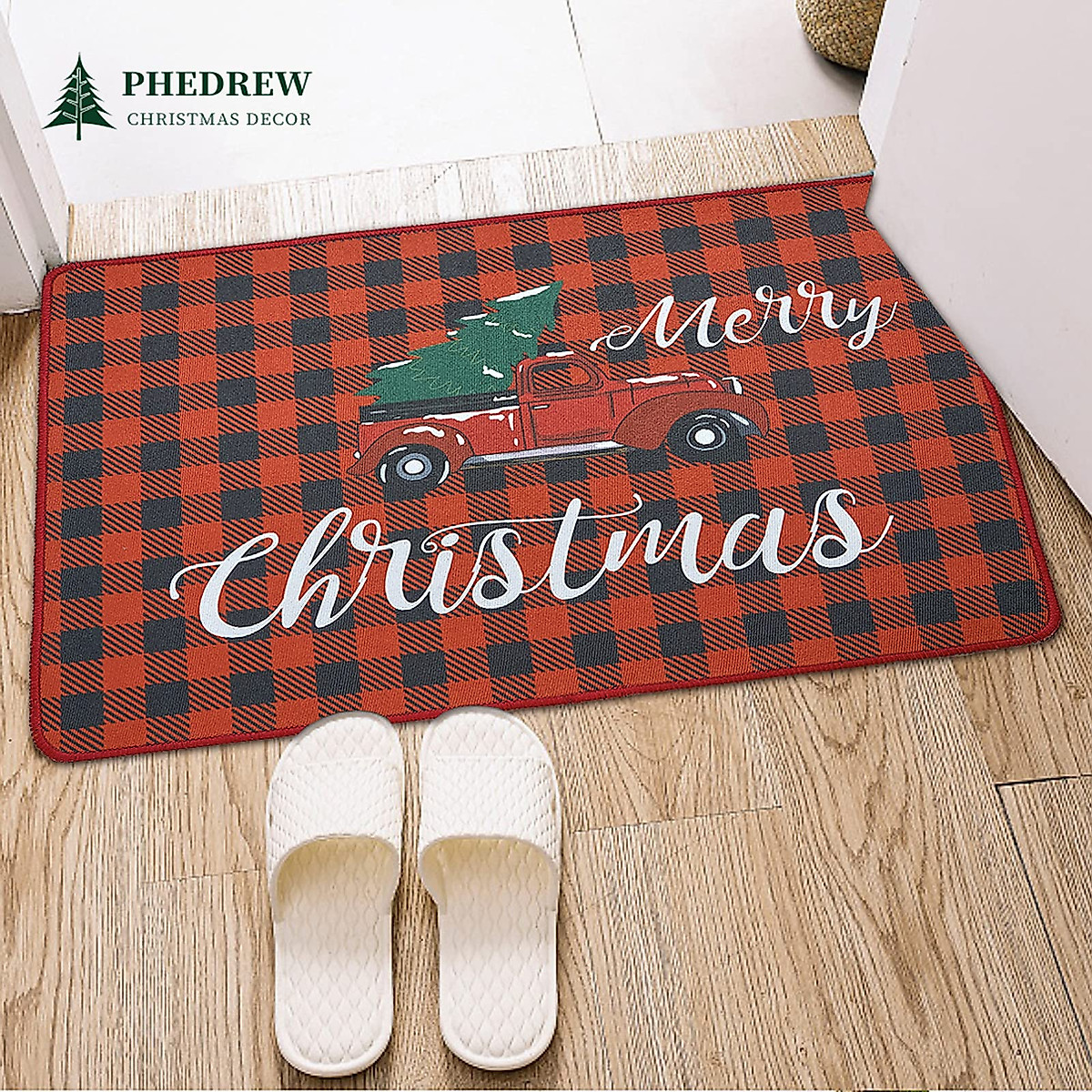 Phedrew Non-Slip Christmas Rugs Christmas Mats 20 x 28 Inches, Christmas Tree Red Truck Buffalo Plaid Holiday Rugs Winter Welcome Doormats Floor Mat for Outdoor Indoor Xmas Rug Home Garden Decorative