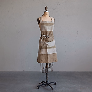 Creative Co-Op Cotton Waffle Weave Pocket and Stripes, Grey and Brown Apron, One-Size, Green