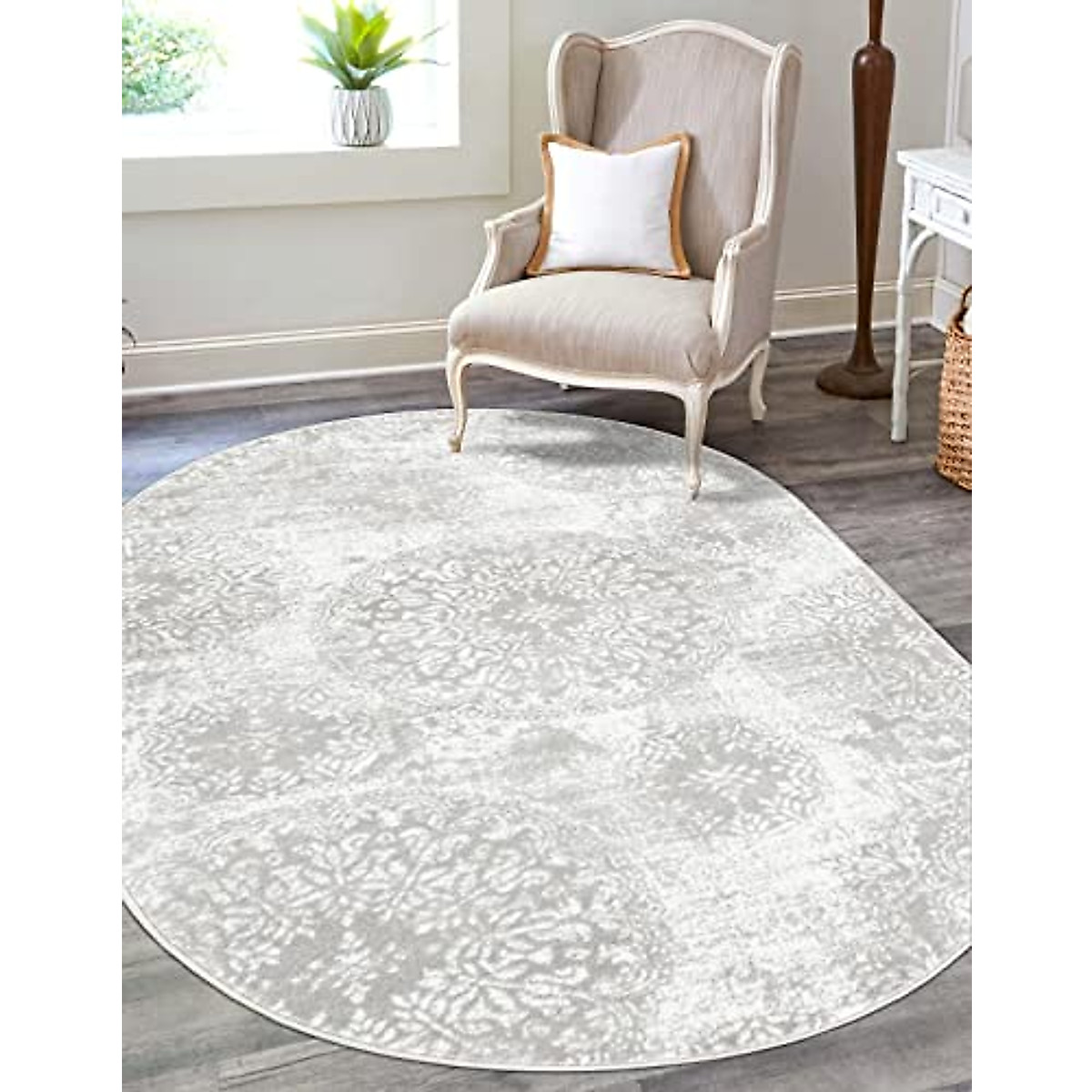 Unique Loom Sofia Collection Area Rug - Grand (5' 3" x 8' Oval, Light Gray/Ivory)