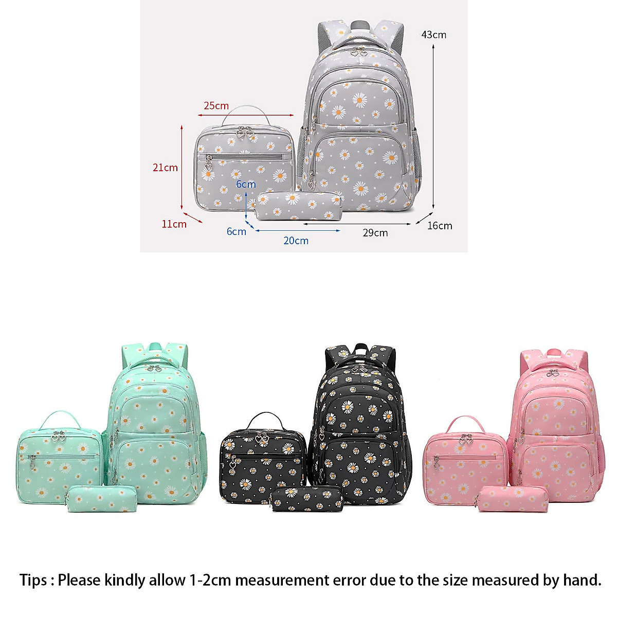 NIWEIYA 3-piece Daisy Backpack Print Girls Backpack Waterproof Children's Schoolbag Set Student Daily Lunch Bag (Green)
