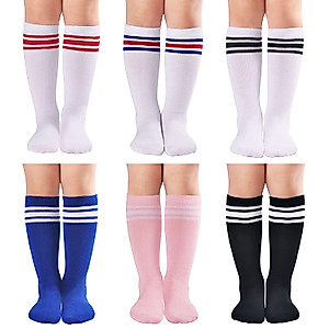 LO SHOKIM 6 Pairs Toddler Knee High Socks Kids Soccer Socks Girls Three Stripes Tube Socks Over the Calf School Uniform Stockings Athletic Boys Children (Assorted Colors,5-7 Years)