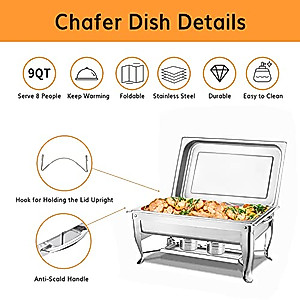 Chafing Dish 9QT 2 PACK NEW Stainless Steel, Full Size Chafing Dish Buffet Set, Foldable Rectangular Chafers for Catering, Chafer Dish Set with Fuel Holder, Chaffing Servers with Covers & Food Clip